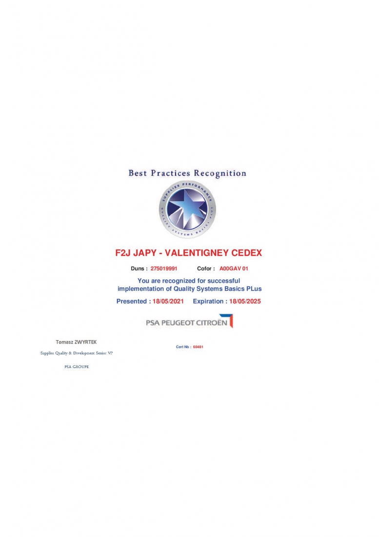 F2J INDUSTRY - Our news F2J Japy rated high by PSA